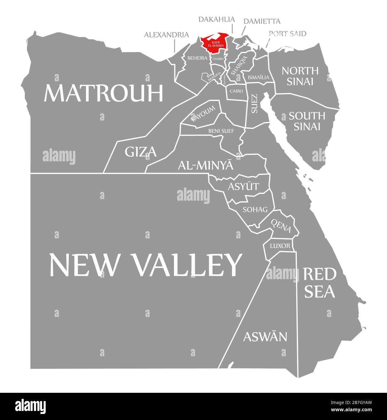 Kafr el Sheikh red highlighted in map of Egypt Stock Photo - Alamy