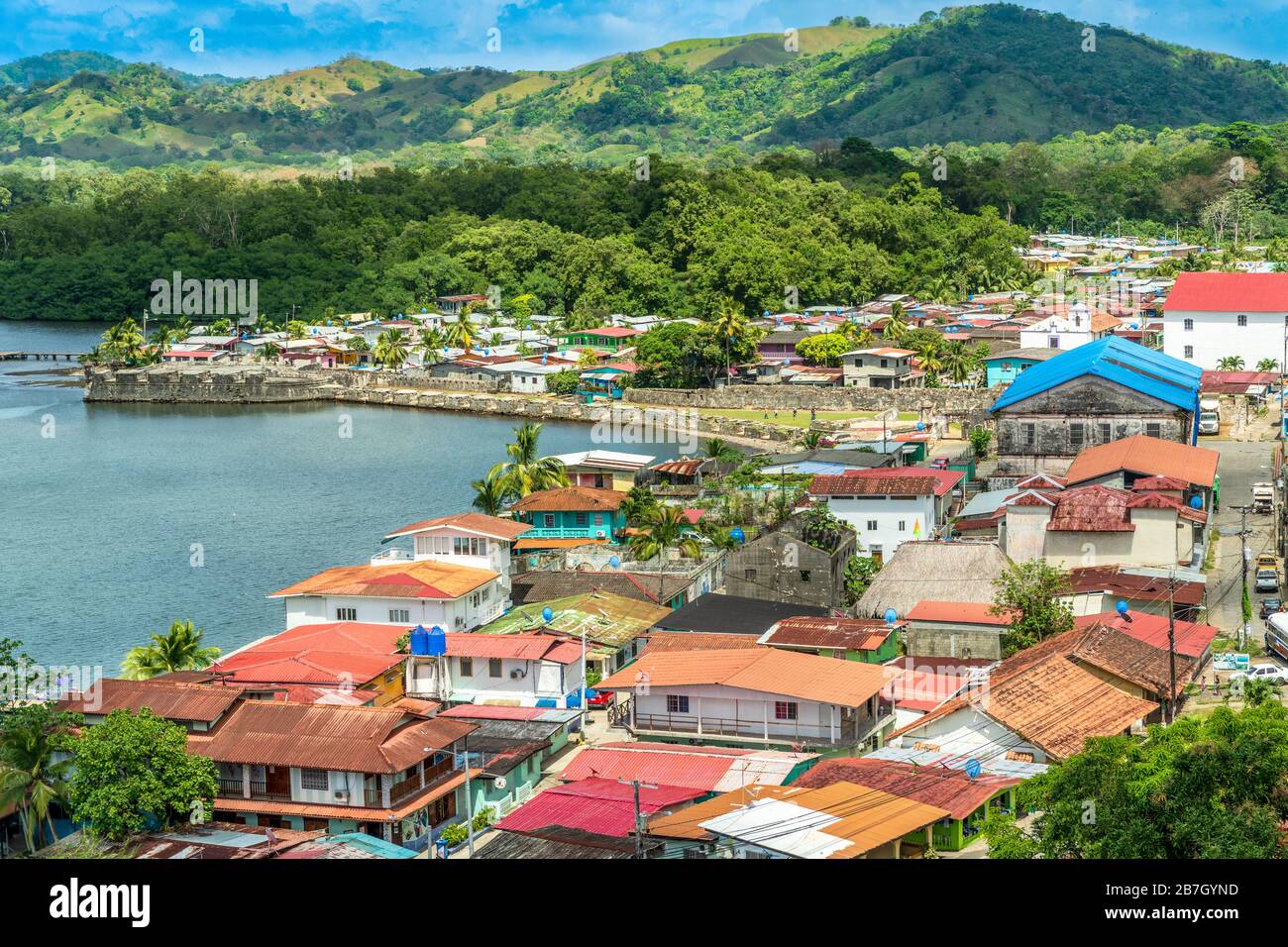 Portobelo, Panama - Feb 28, 2020: Aerial view of Portobelo village with ...