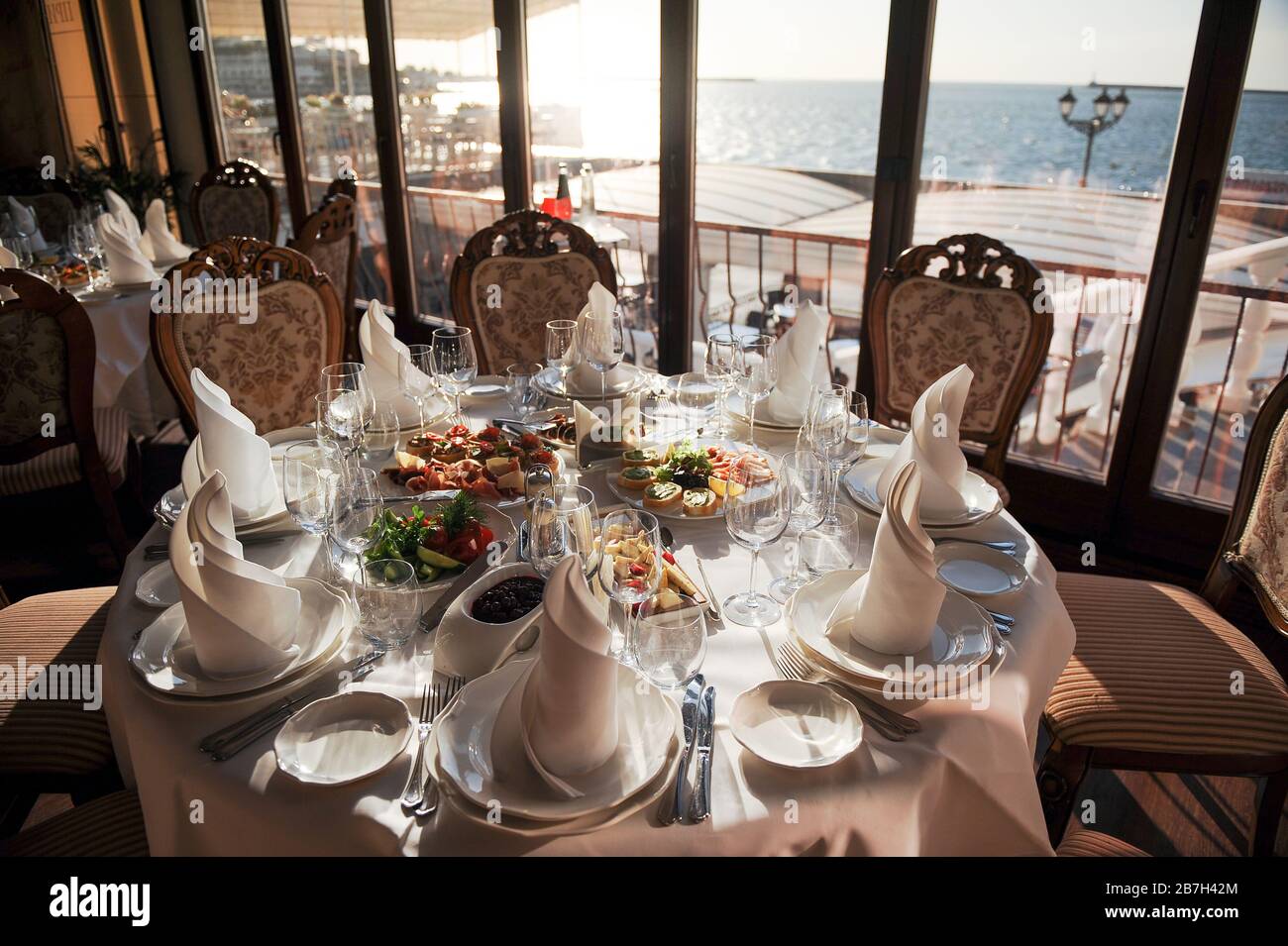 beautiful view on sea promenade in window of luxury restaurant with ...
