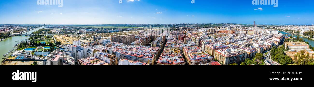 Sevilla city. Beautiful Aerial Panorama Shot. Centre and its landmarks ...
