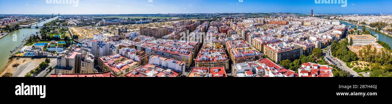 Sevilla city. Beautiful Aerial Panorama Shot. Centre and its landmarks ...