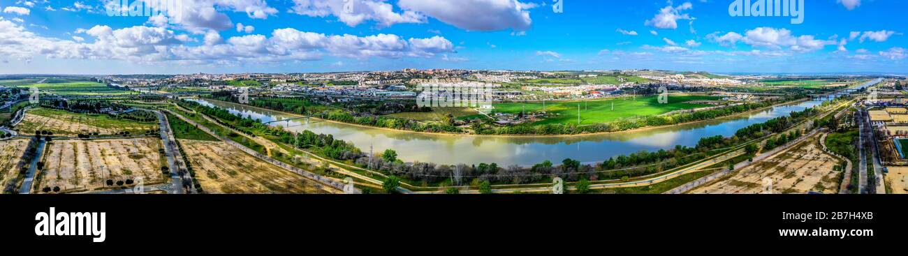 Sevilla city. Beautiful Aerial Panorama Shot. Centre and its landmarks ...