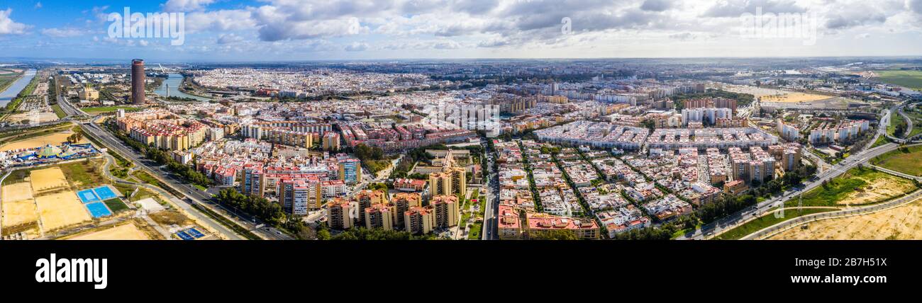 Sevilla city. Beautiful Aerial Panorama Shot. Centre and its landmarks ...