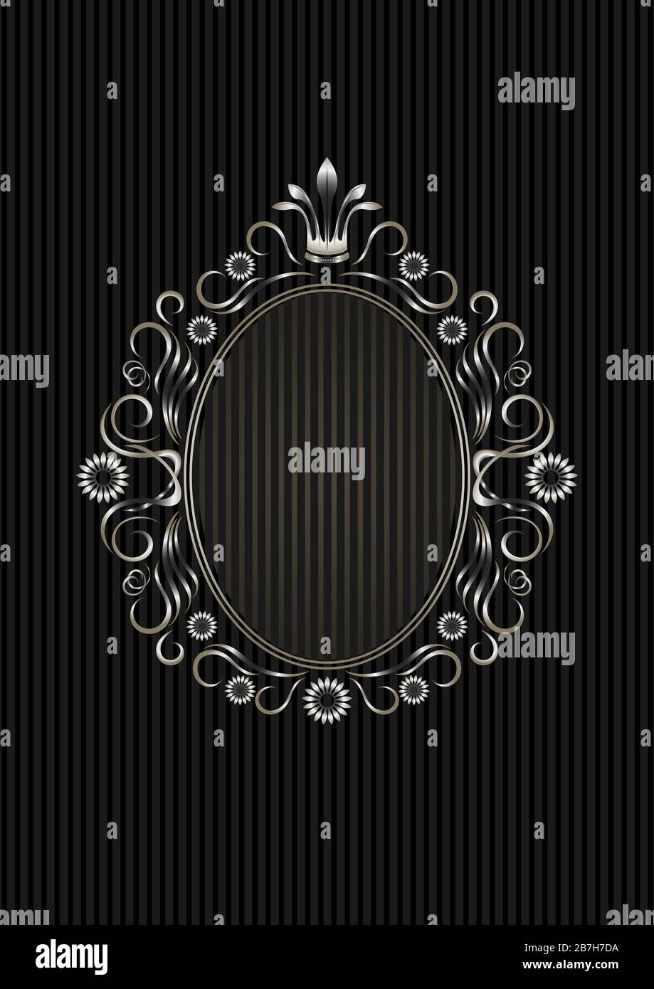 Silver oval vintage calligraphic ornament frame with flowers and crown ...