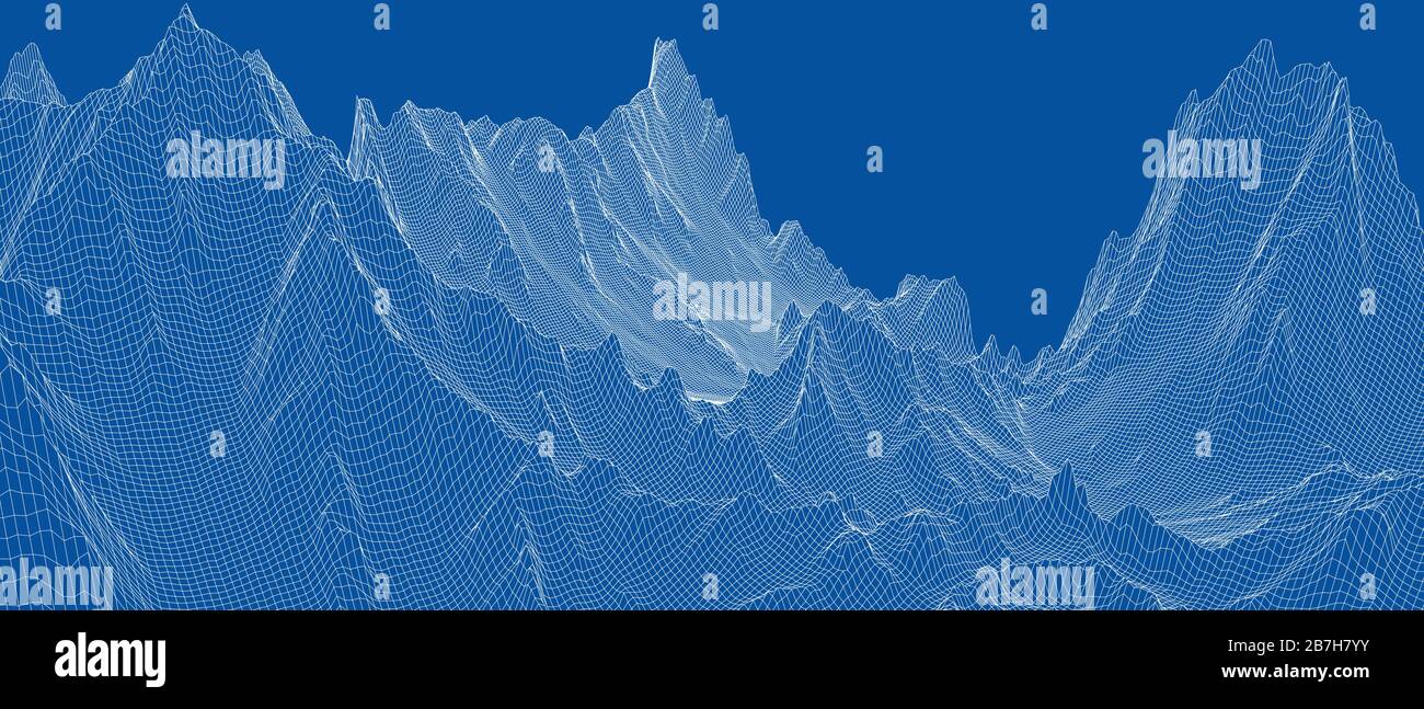 Abstract 3d wire-frame landscape. Blueprint style. Vector rendering ...