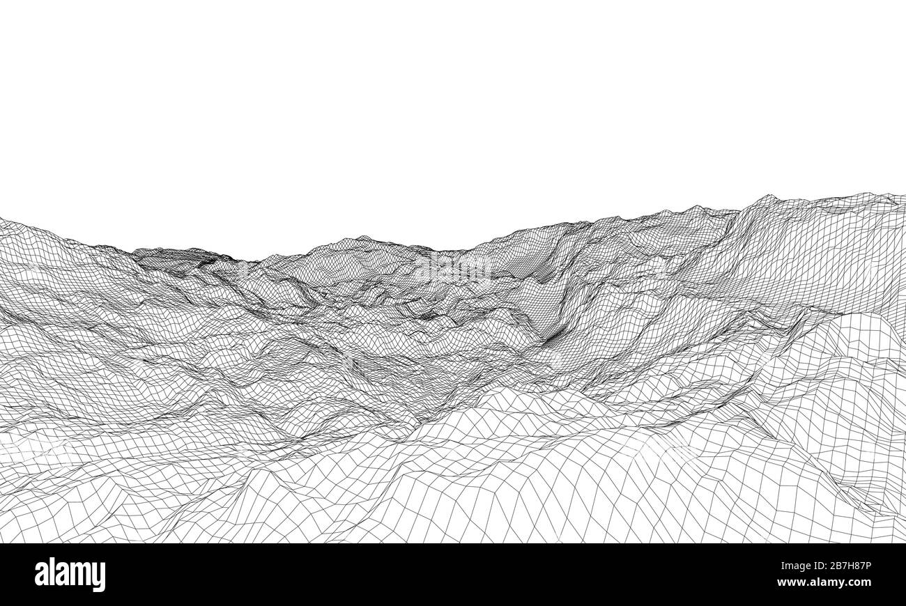 Abstract 3d wire-frame landscape. Blueprint style. Vector rendering ...