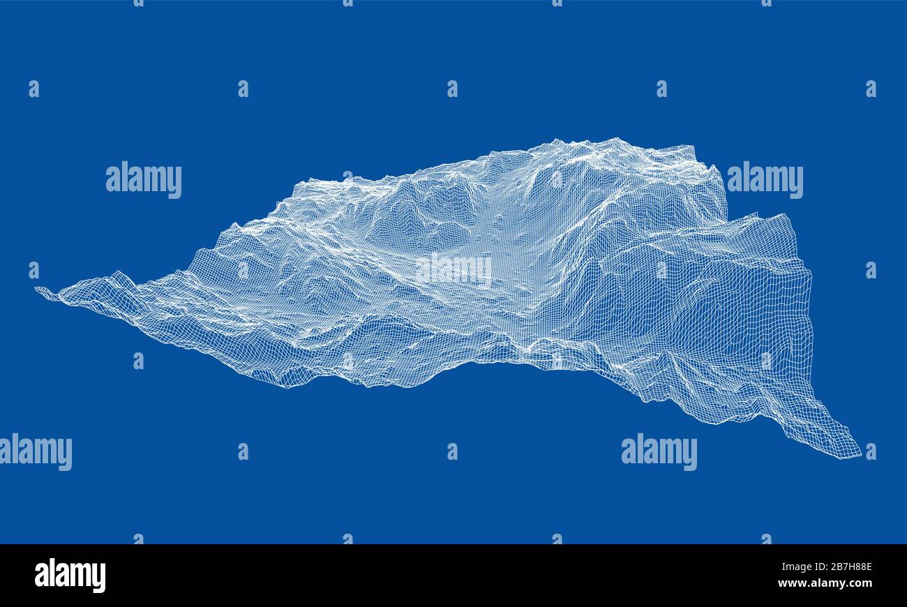 Abstract 3d wire-frame landscape. Blueprint style. Vector rendering ...