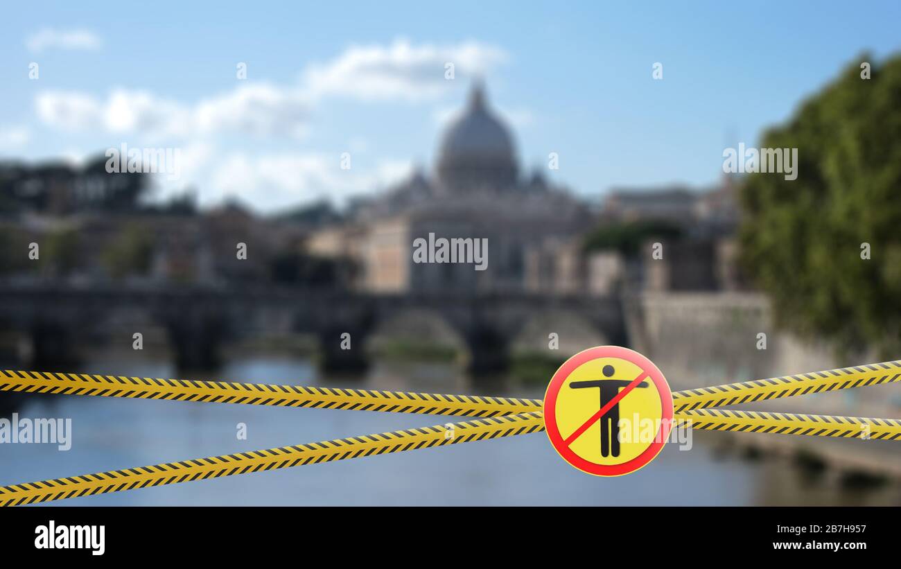 Warning yellow sign with crossed out man on a blurred background of ...