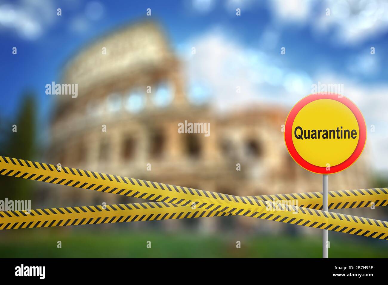 Warning sign of quarantine on the blurred background of Colosseum in ...
