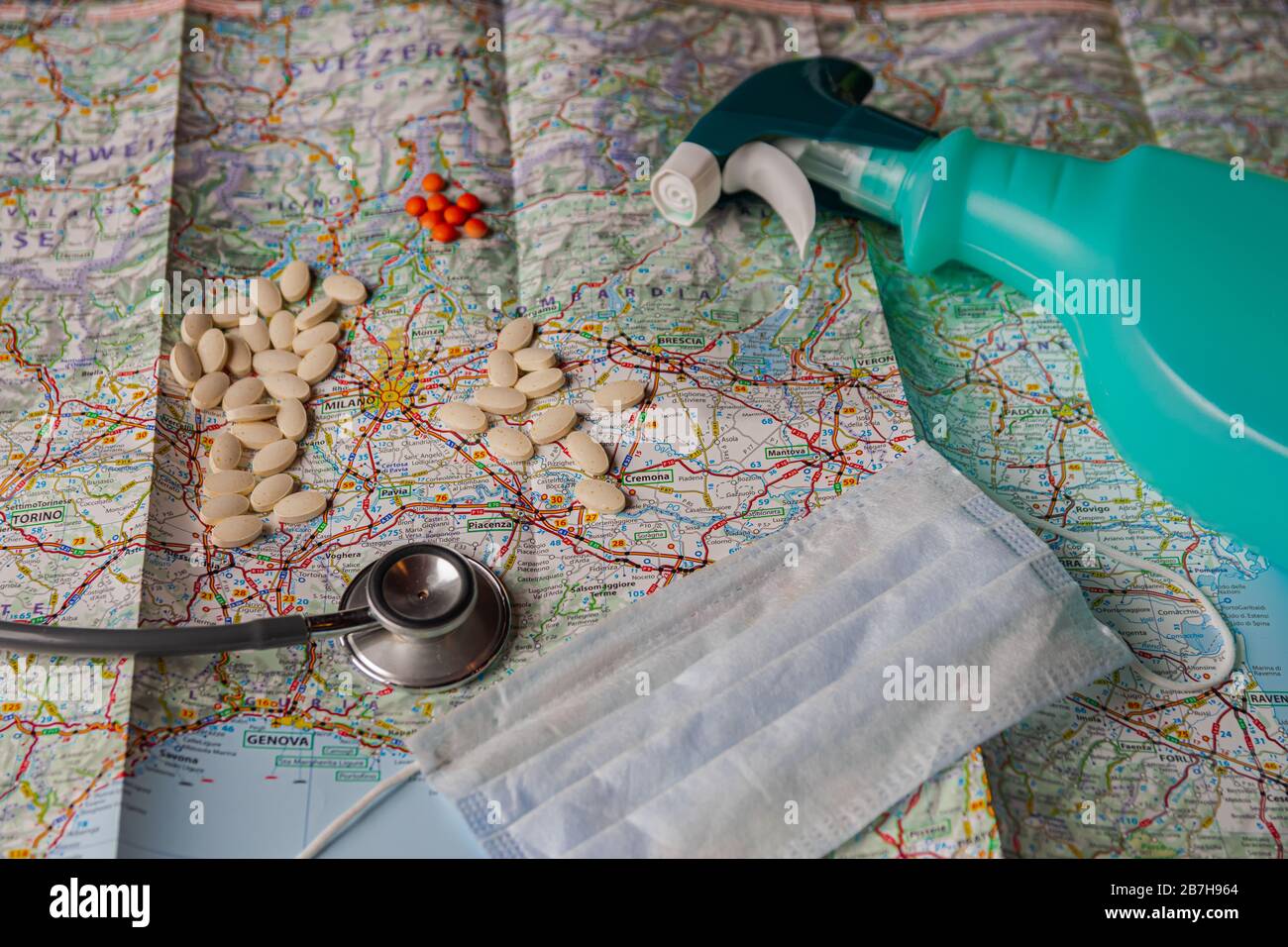 Italian map with pills and medical equipment Stock Photo - Alamy