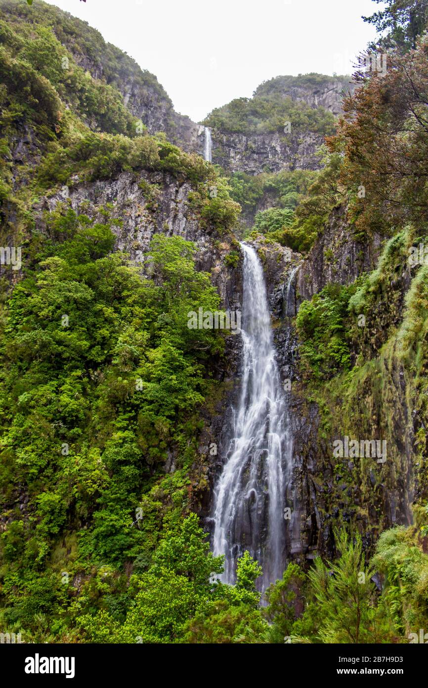 Risco waterfall on madeira island, portugal, in the middle of the ...