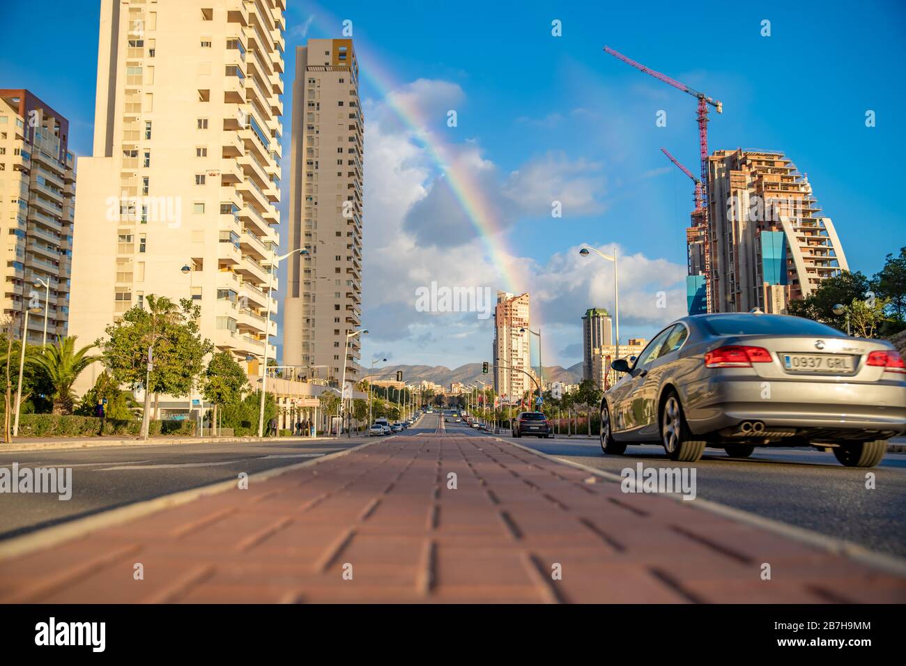 Benidorm, Spain - January 10, 2020: rainbow in the city after rain ...