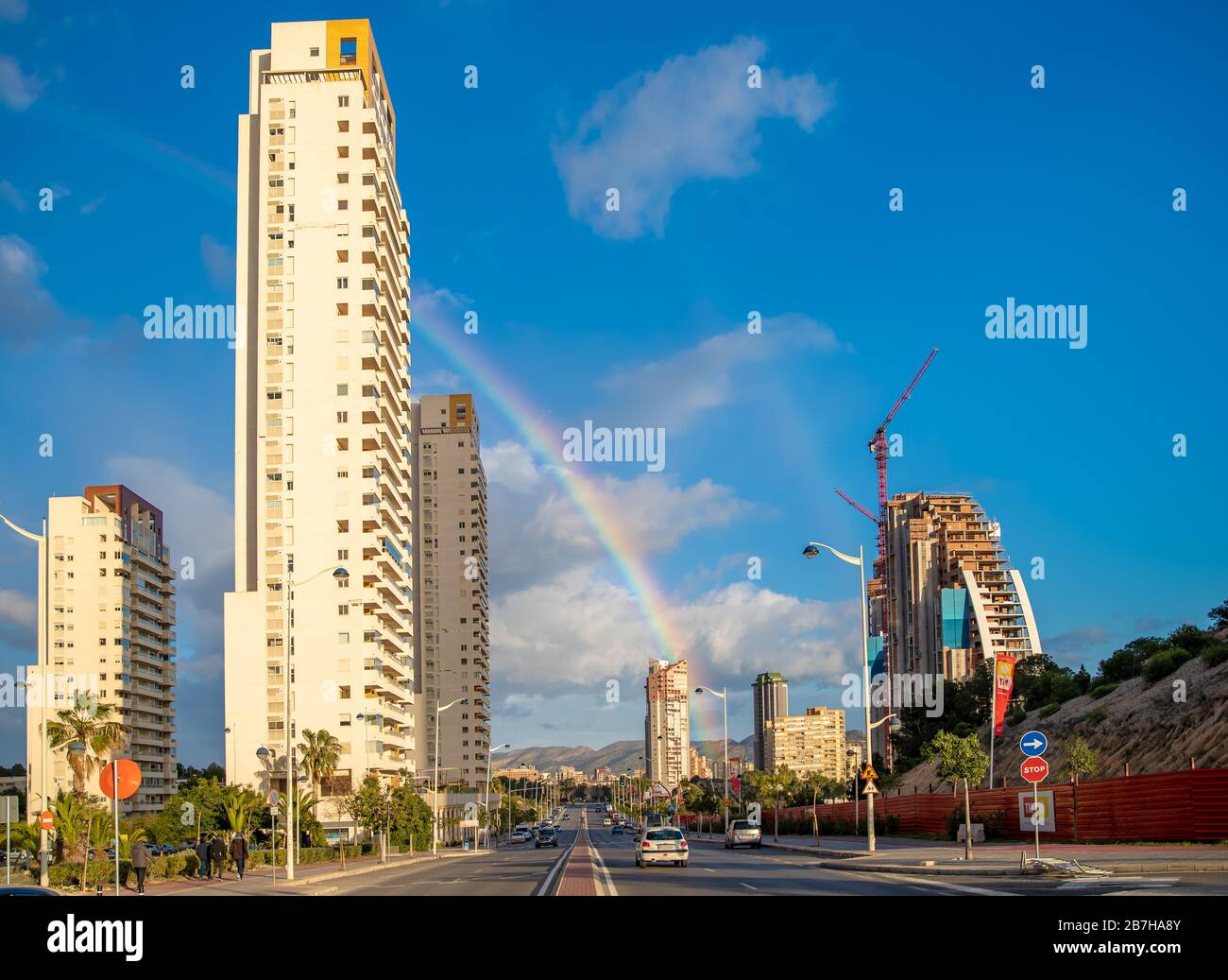 Benidorm, Spain - January 10, 2020: rainbow in the city after rain ...