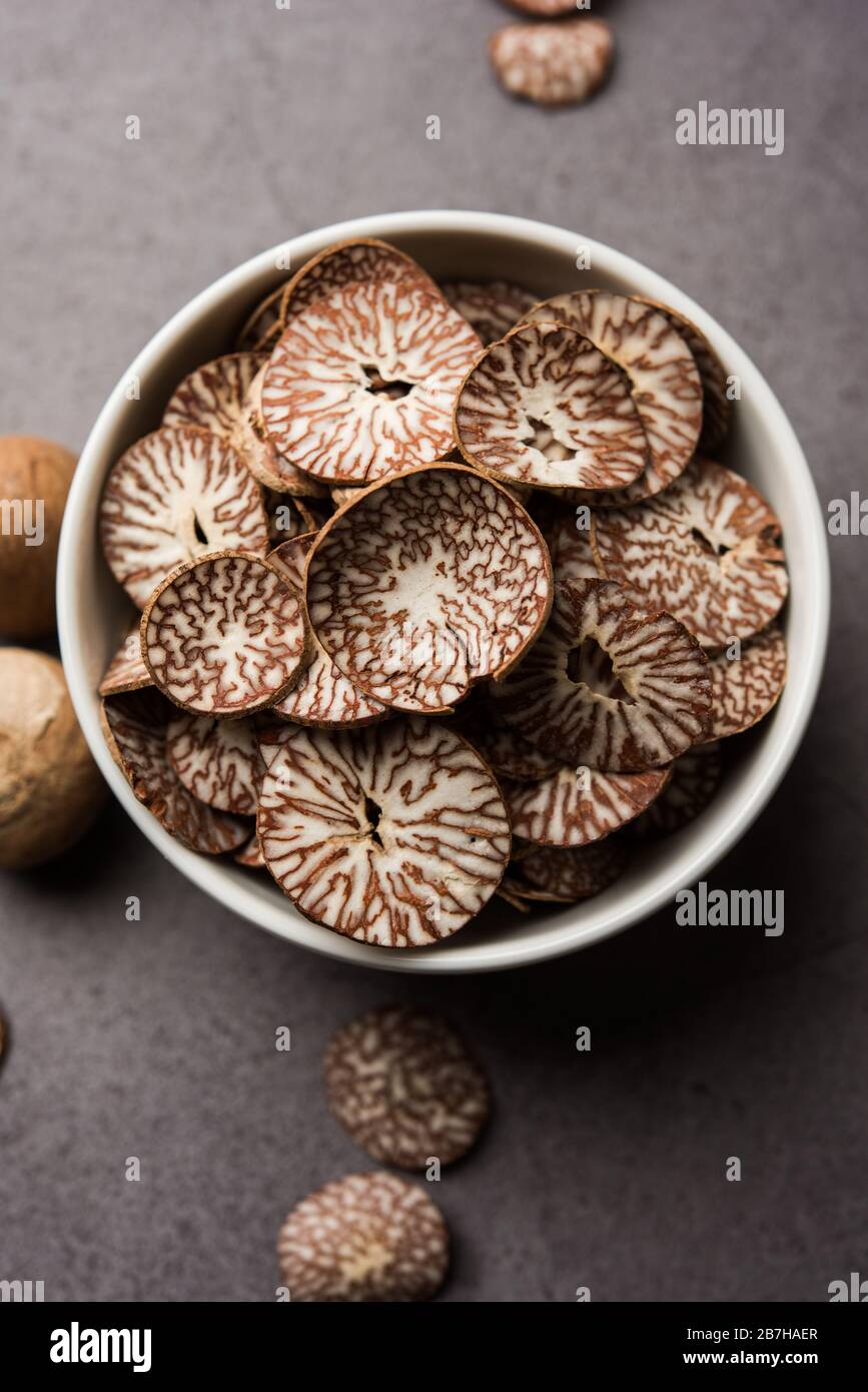 Betel nut chips in a bowl also known as slices of supari in india, used ...