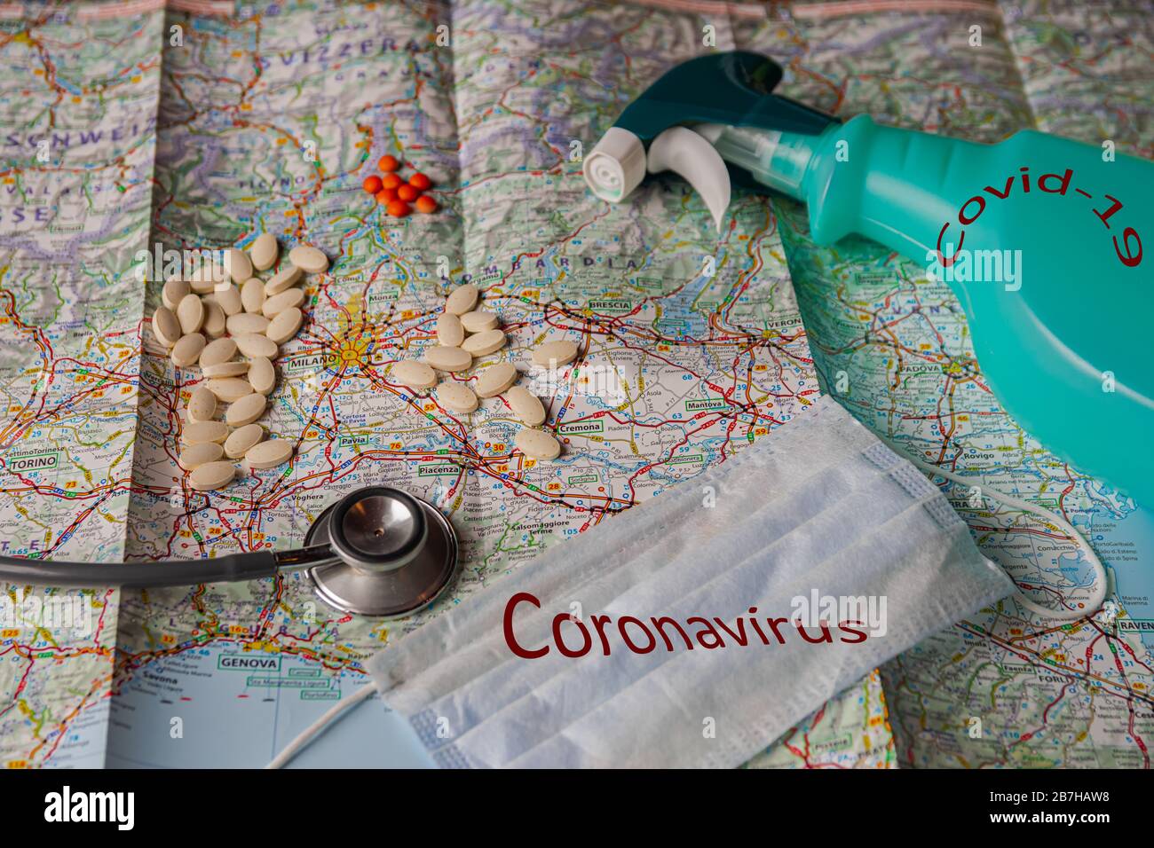 Italian map with pills and medical equipment Stock Photo - Alamy