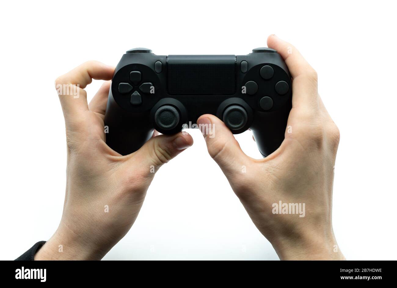 Gamer hand holding black joystick on white background. Concept ...