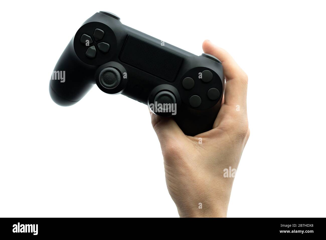 Gamer hand holding black joystick on white background. Concept ...