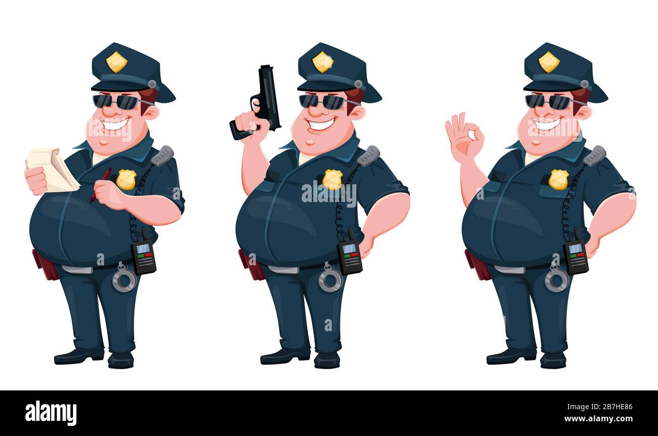 Police officer, set of three poses. Cheerful cartoon character ...
