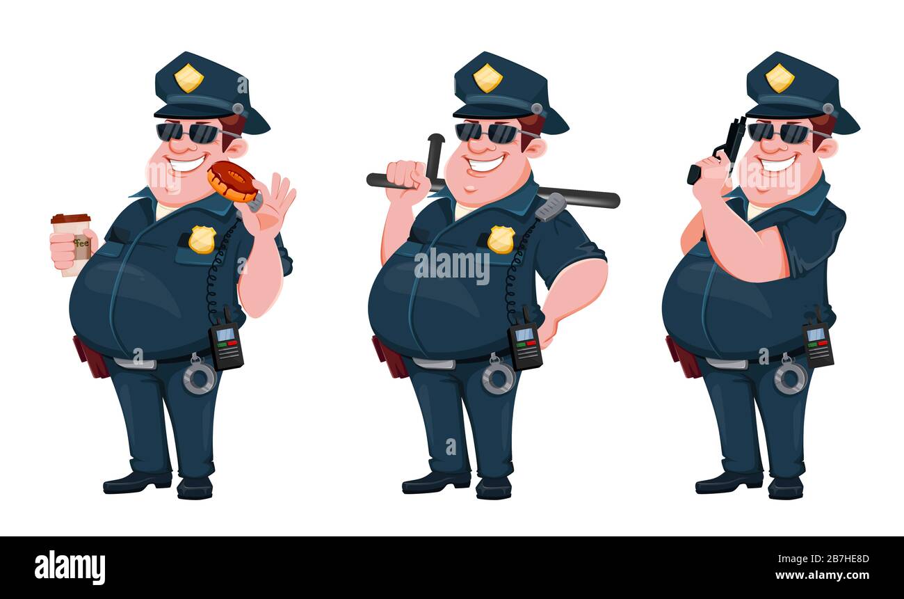 Police officer, set of three poses. Cheerful cartoon character ...