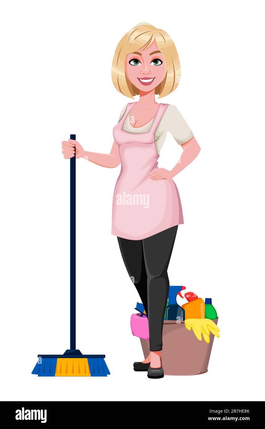 Housewife concept, young pretty stylish woman preparing for cleaning ...