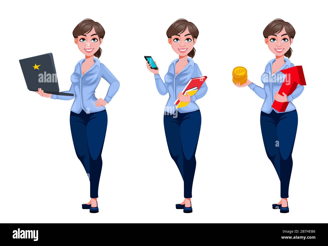 Young beautiful business woman cartoon character, set of three poses ...