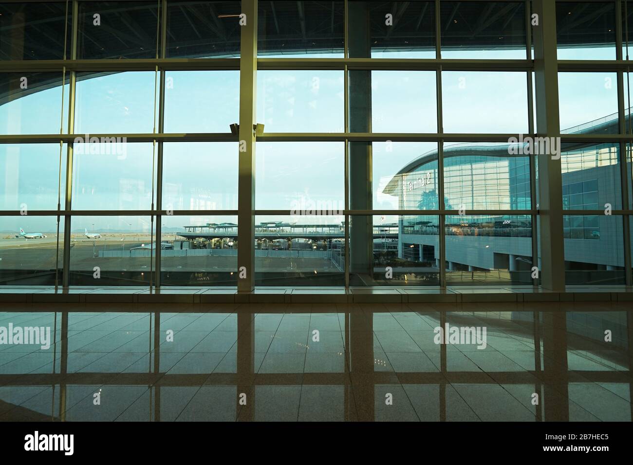 View of Incheon international airport runway and terminal from inside ...