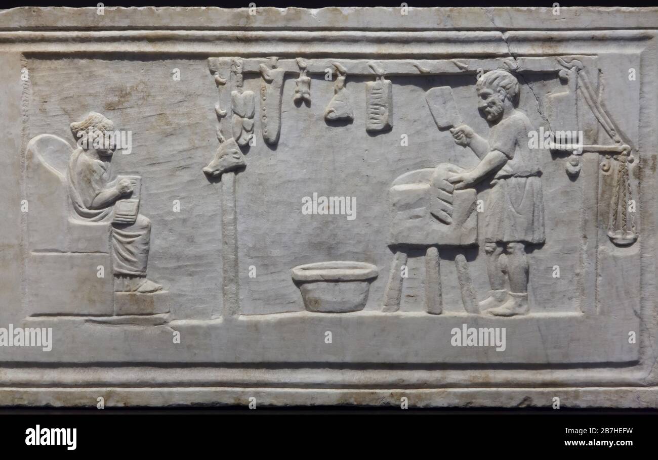 Butcher's shop depicted in the Roman tomb relief of a pork butcher ...