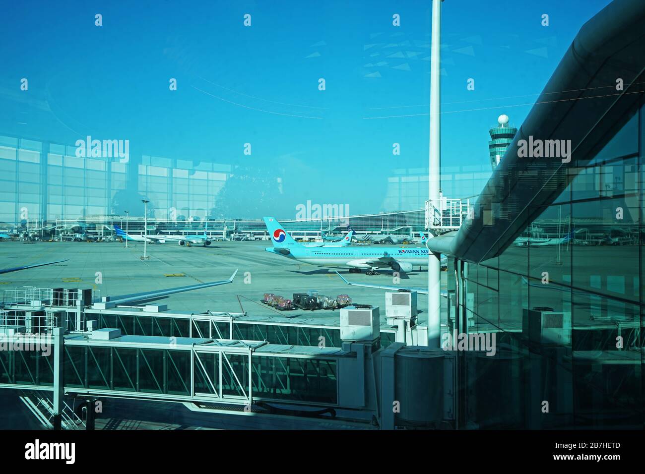 View of Incheon international airport runway Korean air airplanes and ...