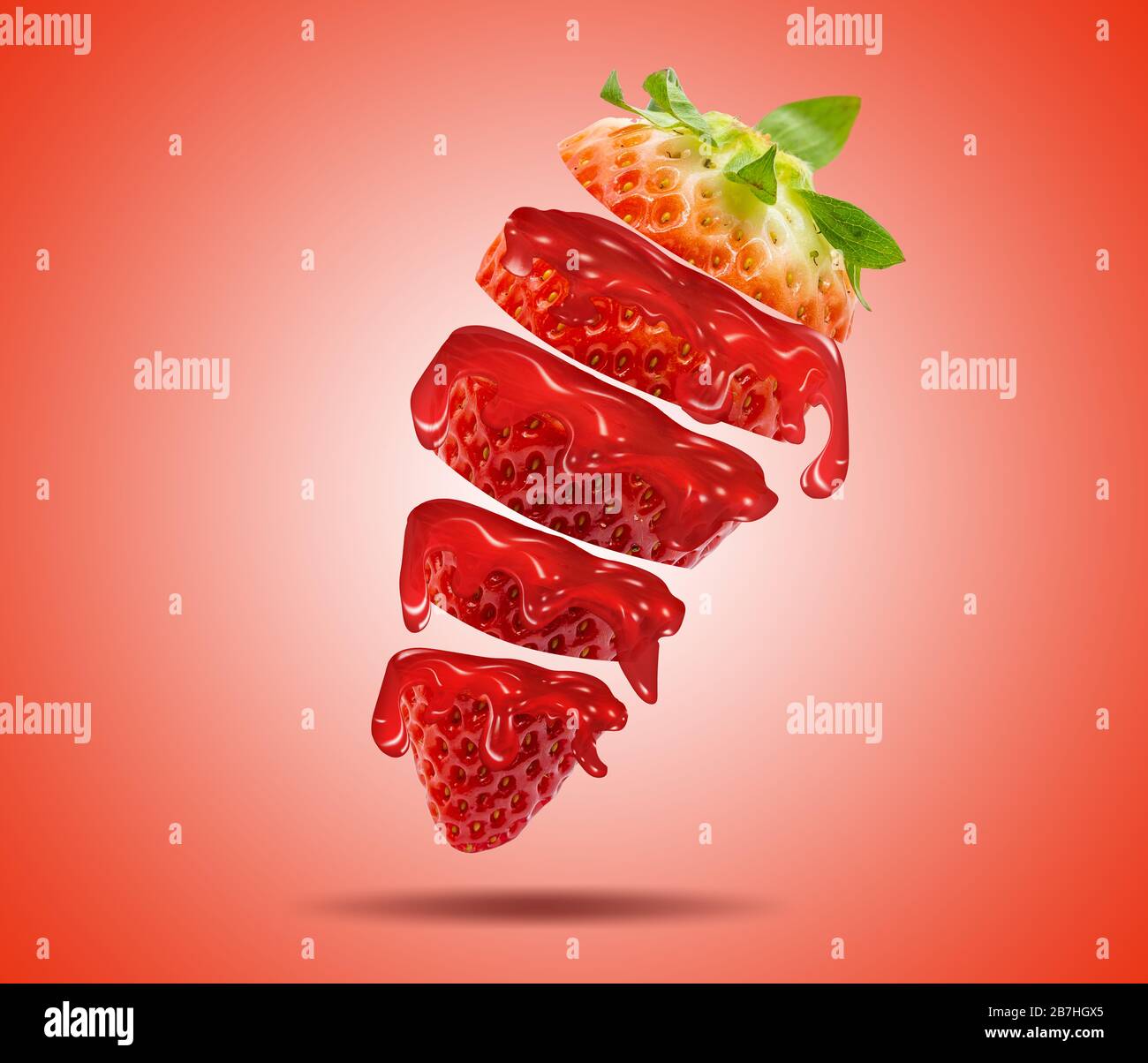 Falling sliced red strawberry with gummy juice. Concept Sliced Fruit ...