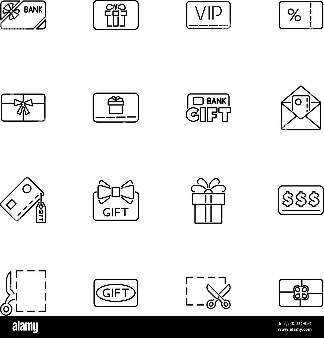 Gift Cards, Coupon, Voucher outline icons set - Black symbol on white ...