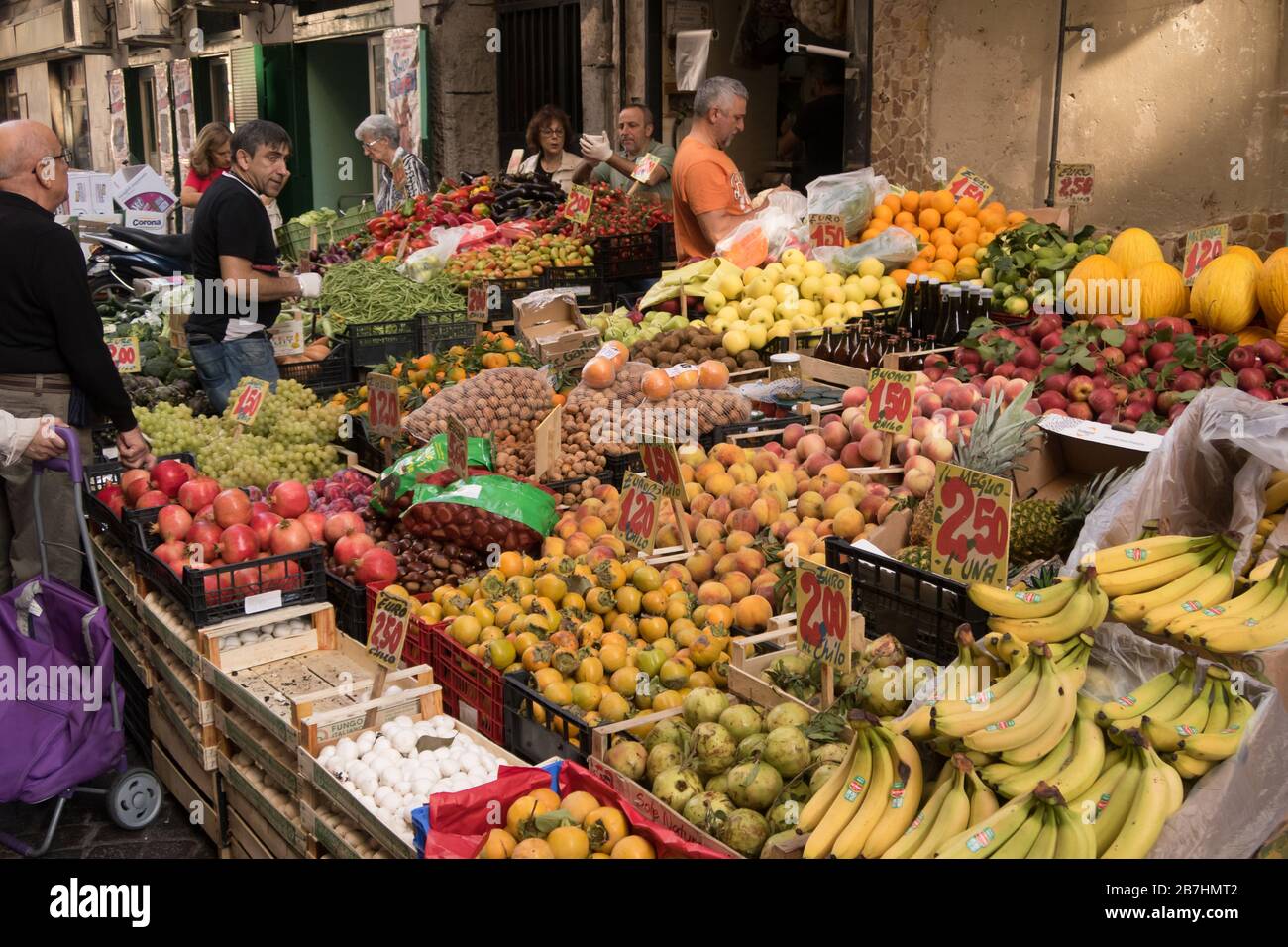 A fruits and vegetables stall in a market in the Sanitá neighborhood of ...