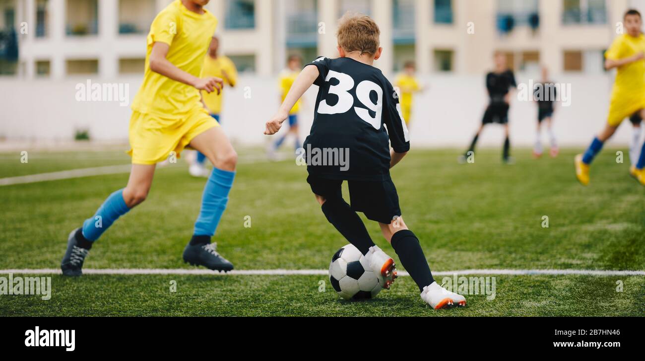 Kids Play Soccer Game. Children Outdoor Football Tournament Match on ...