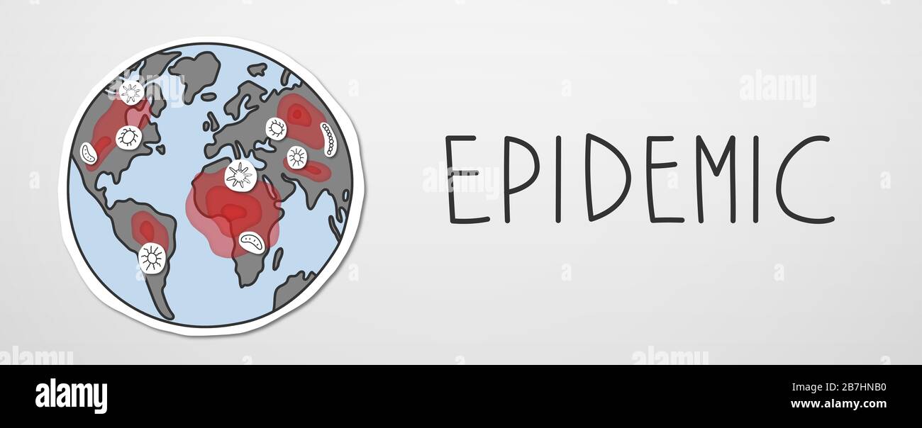 Globe with virus icons and word EPIDEMIC illustration Stock Photo - Alamy