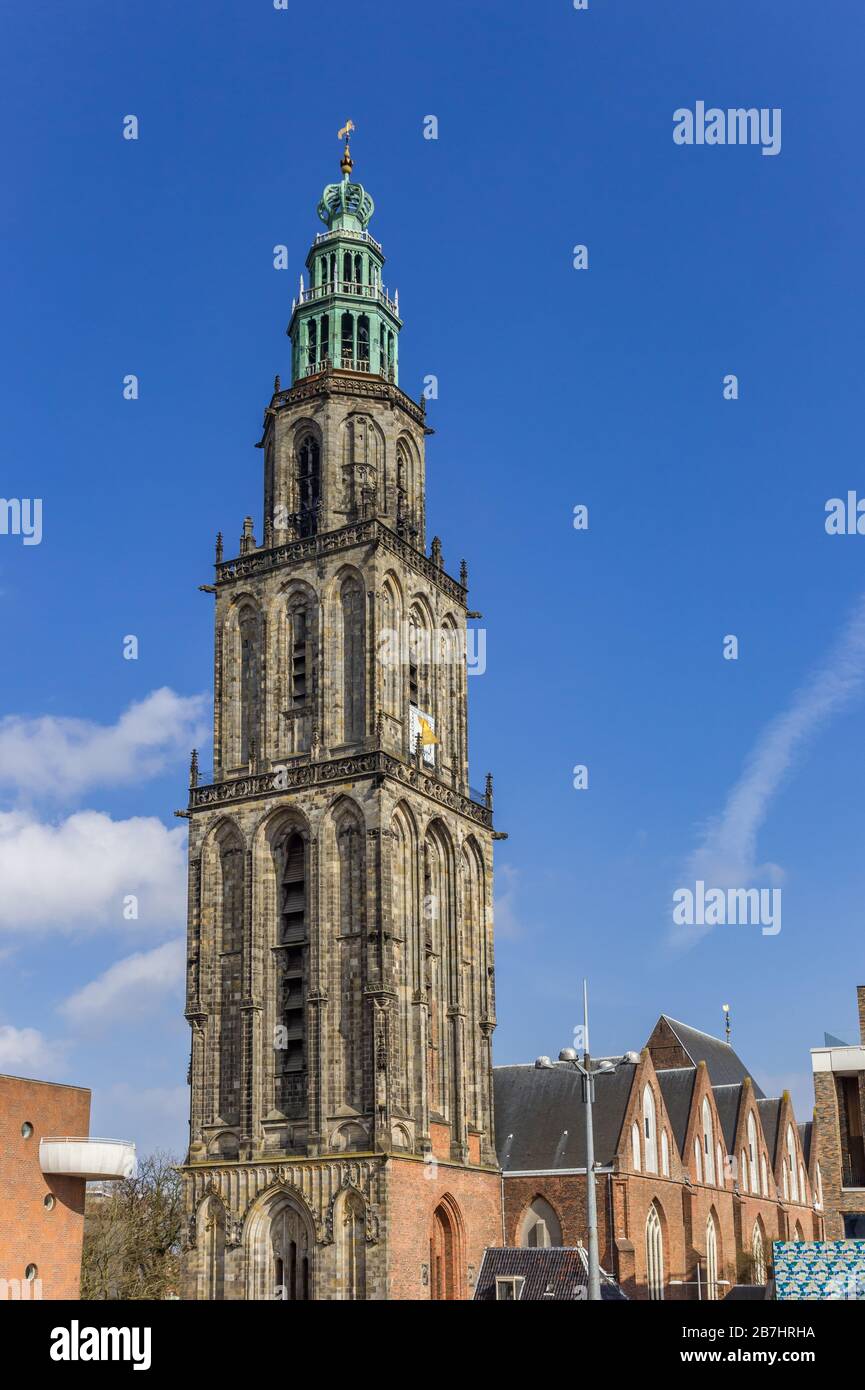 Tower of the historic Martini church in the center of Groningen ...
