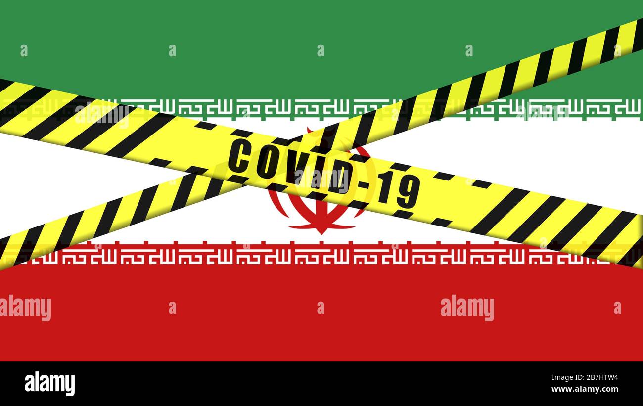 COVID-19 warning Black and Yellow ribbon on IRANIAN FLAG illustration ...