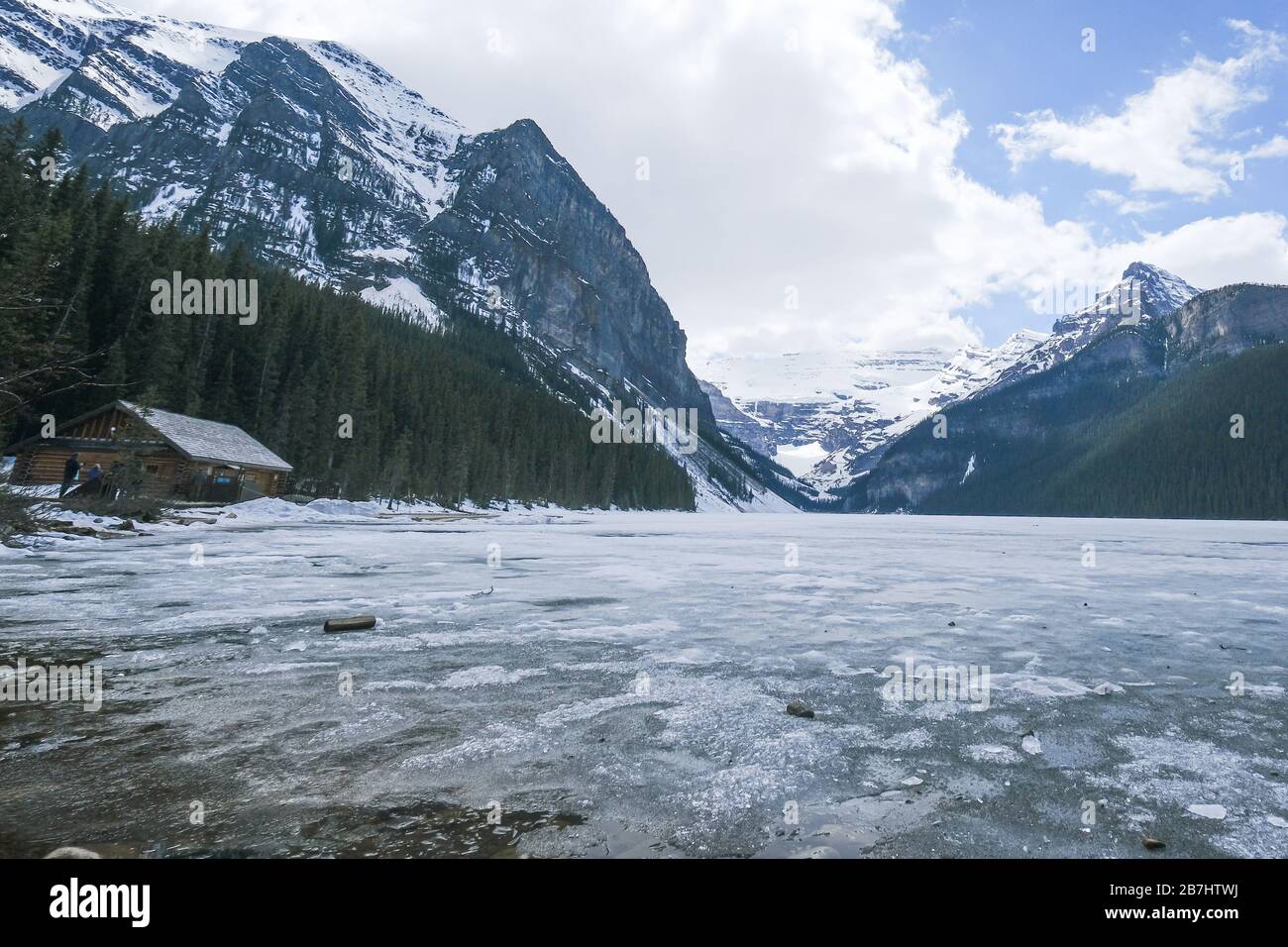 Mount fairview, partly frozen lake, Lake Louise Banff National Park ...