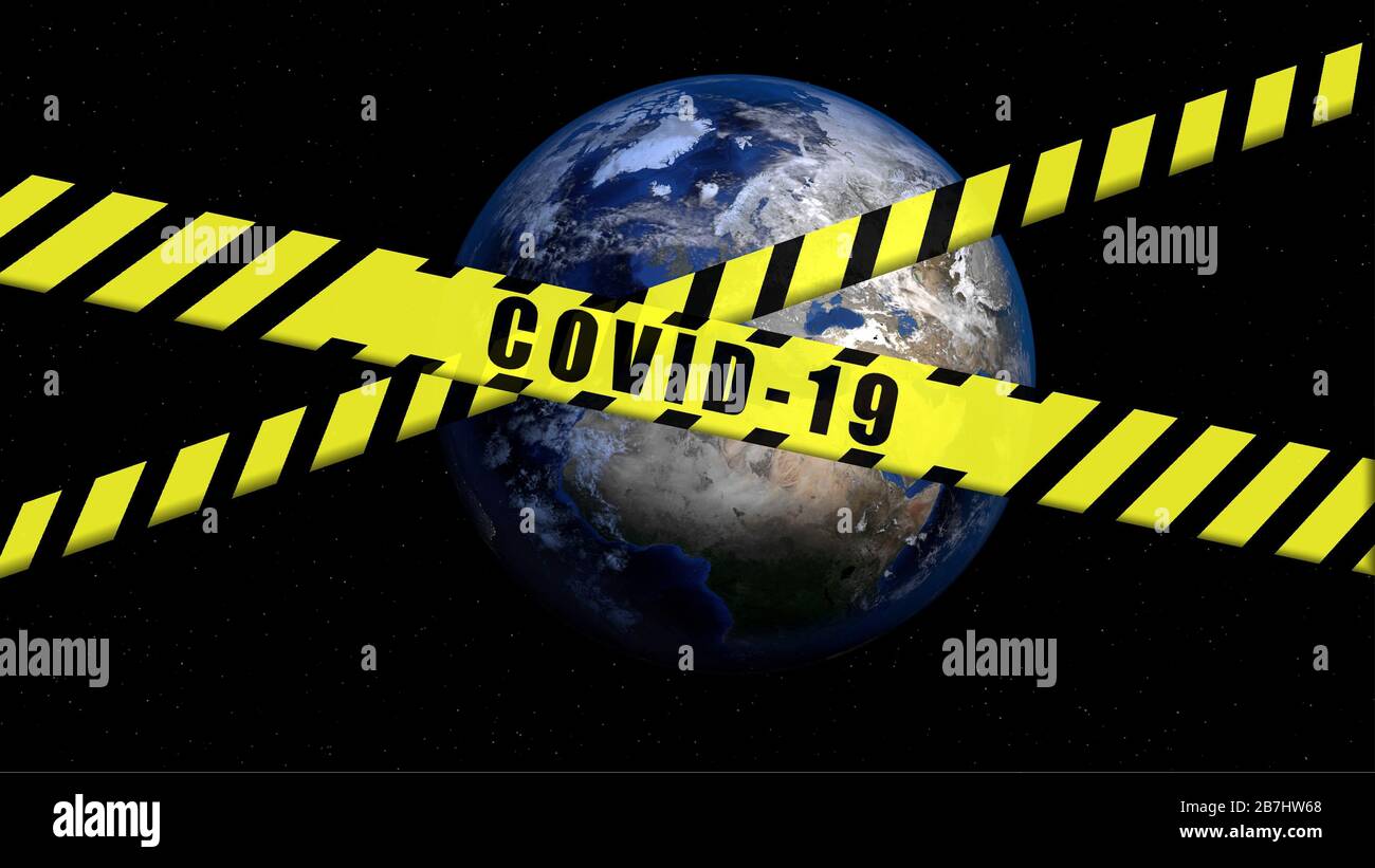 COVID-19 warning Black and Yellow ribbon on EARTH PLANET illustration ...