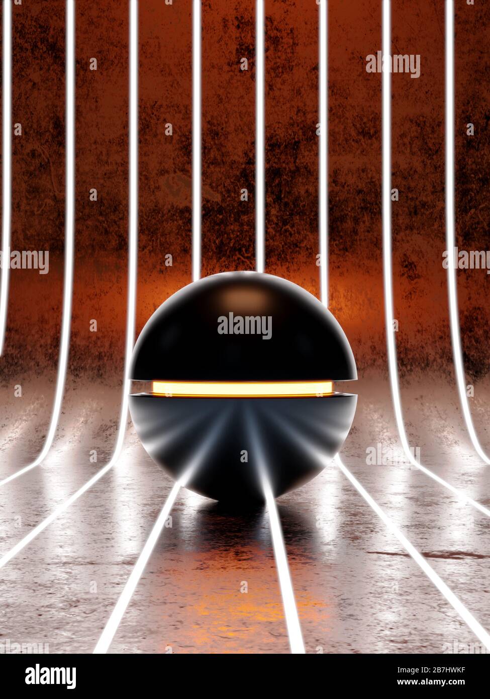 3d science fiction futuristic metallic black ball in glowing spaceship ...