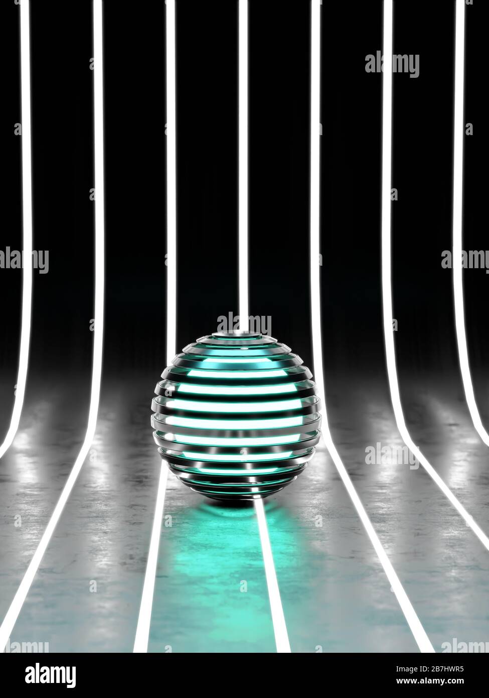 3d science fiction futuristic metallic chrome ball in glowing abstract ...