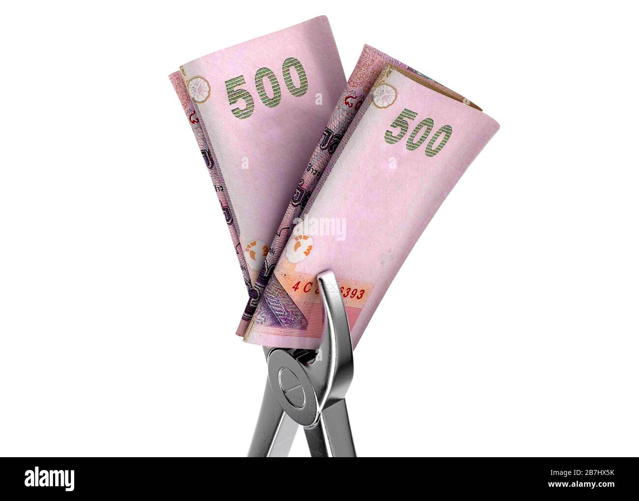 A pair of medical pliers gripping a rolled up pair of thailand bhat ...