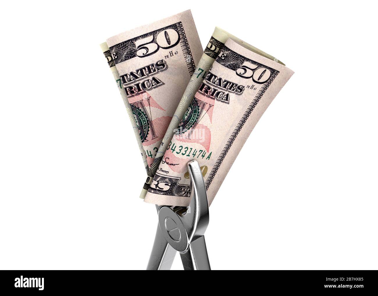 A pair of medical pliers gripping a rolled up pair of US dollar bank ...