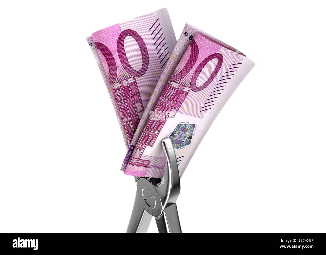 A pair of medical pliers gripping a rolled up pair of euro bank notes ...