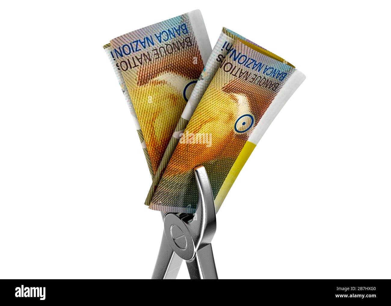 A pair of medical pliers gripping a rolled up pair of swiss, franc ...