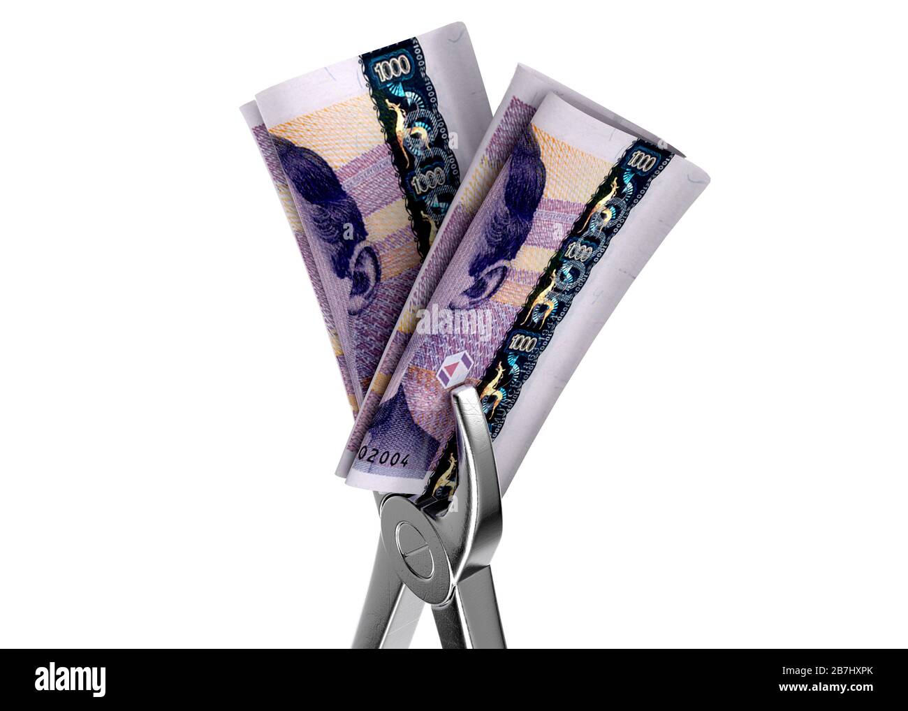 A pair of medical pliers gripping a rolled up pair of norwegian kroner ...