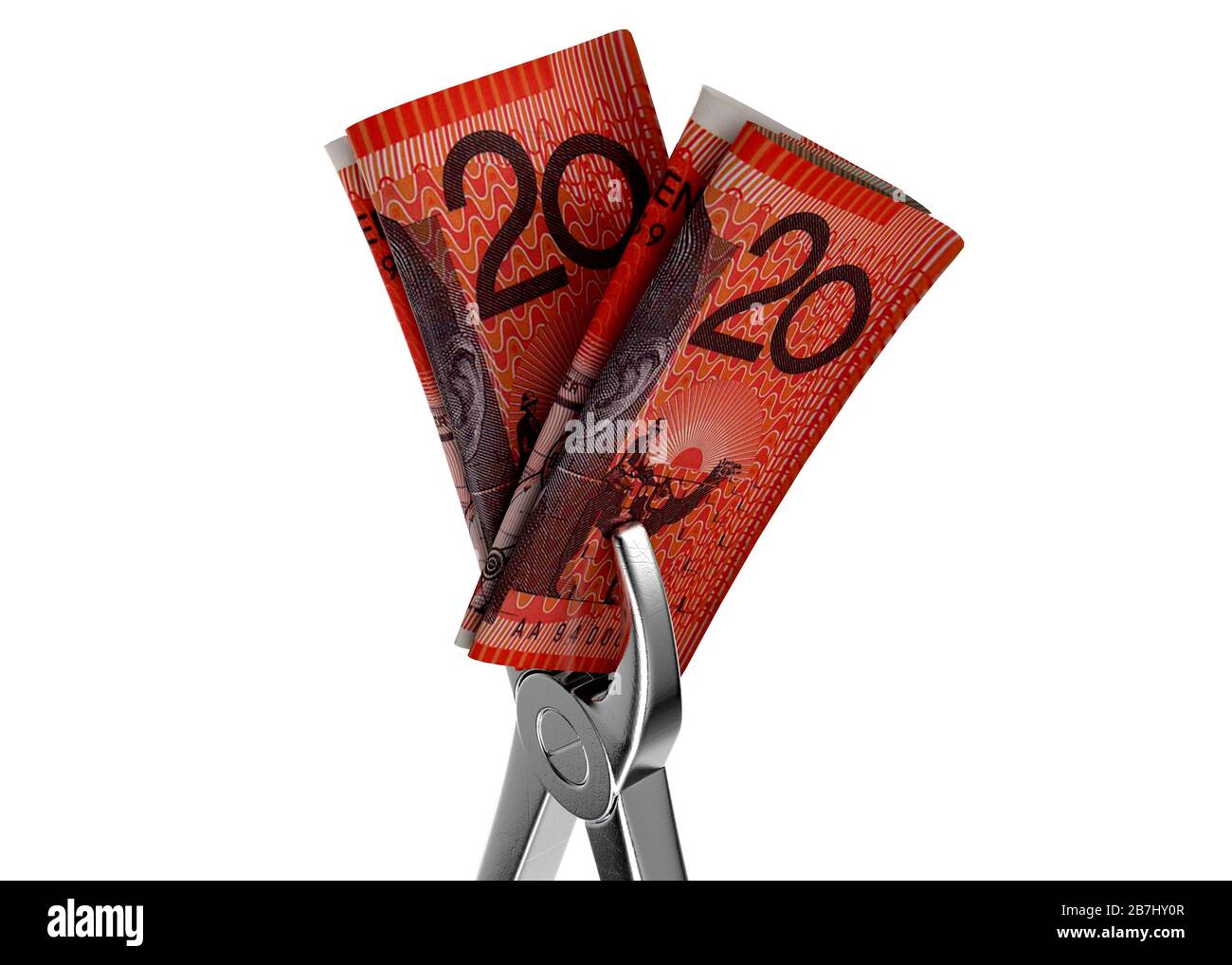 A pair of medical pliers gripping a rolled up pair of australian dollar ...
