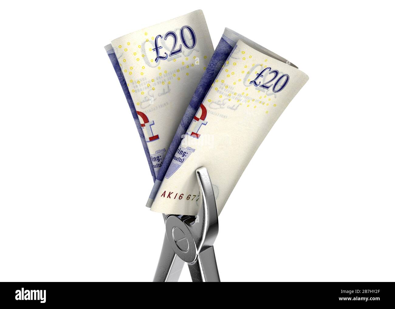 A pair of medical pliers gripping a rolled up pair of british pound ...