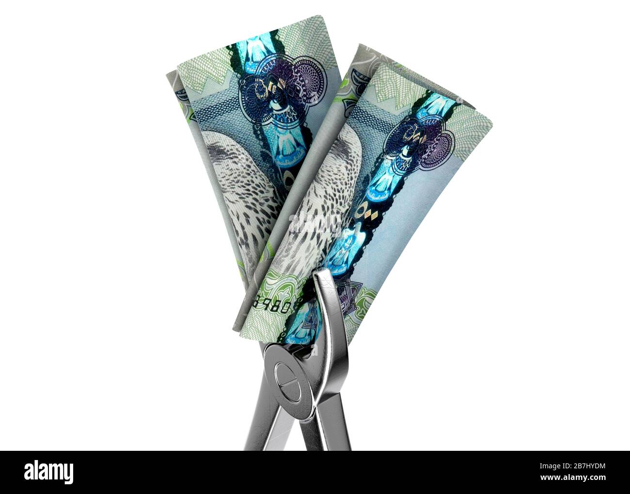 A pair of medical pliers gripping a rolled up pair of russian ruble ...