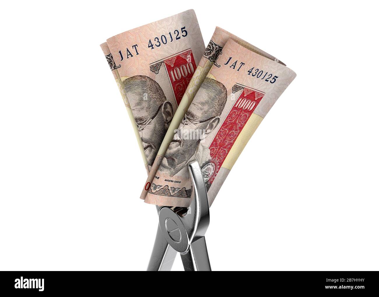 A pair of medical pliers gripping a rolled up pair of indian rupee bank ...