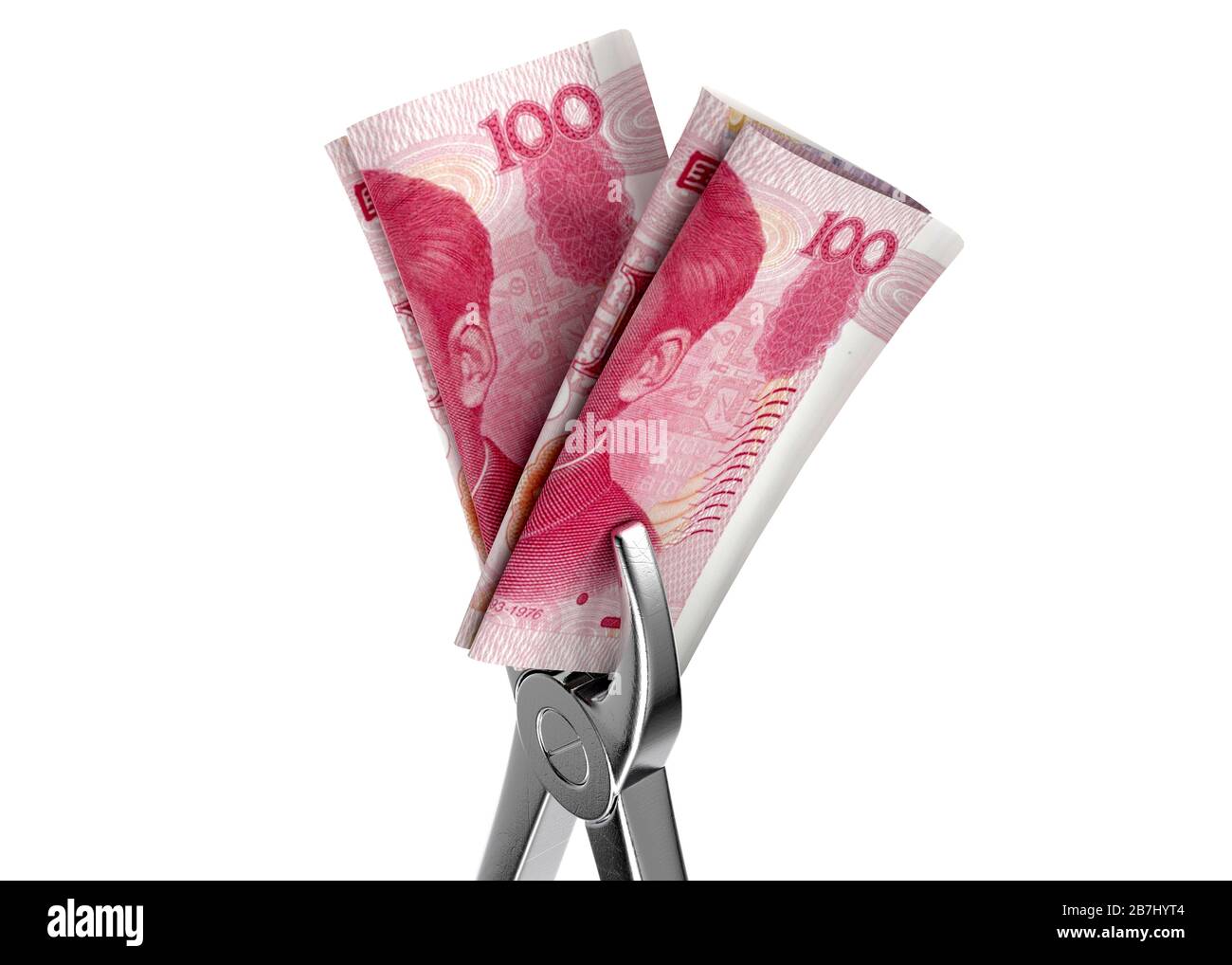 A pair of medical pliers gripping a rolled up pair of china yuan bank ...