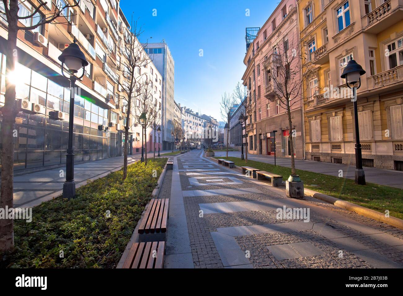 Belgrade. Cobbled streets in historic Beograd city enter view, capital ...